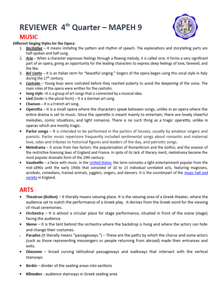 Pointers Mapeh 9 4Q | PDF | Opera | Songs