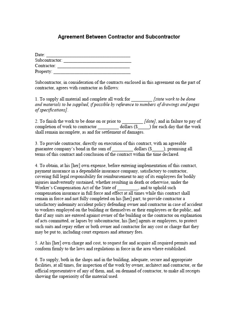 Contractor-Subcontractor Agreement | PDF | Employment | Insurance