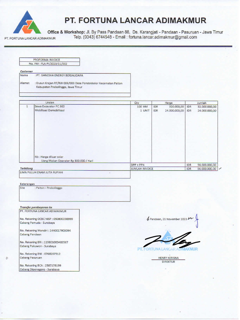 Proforma Invoice Sewa PC 300 - PT. Ganesha Energy Bersaudara | PDF