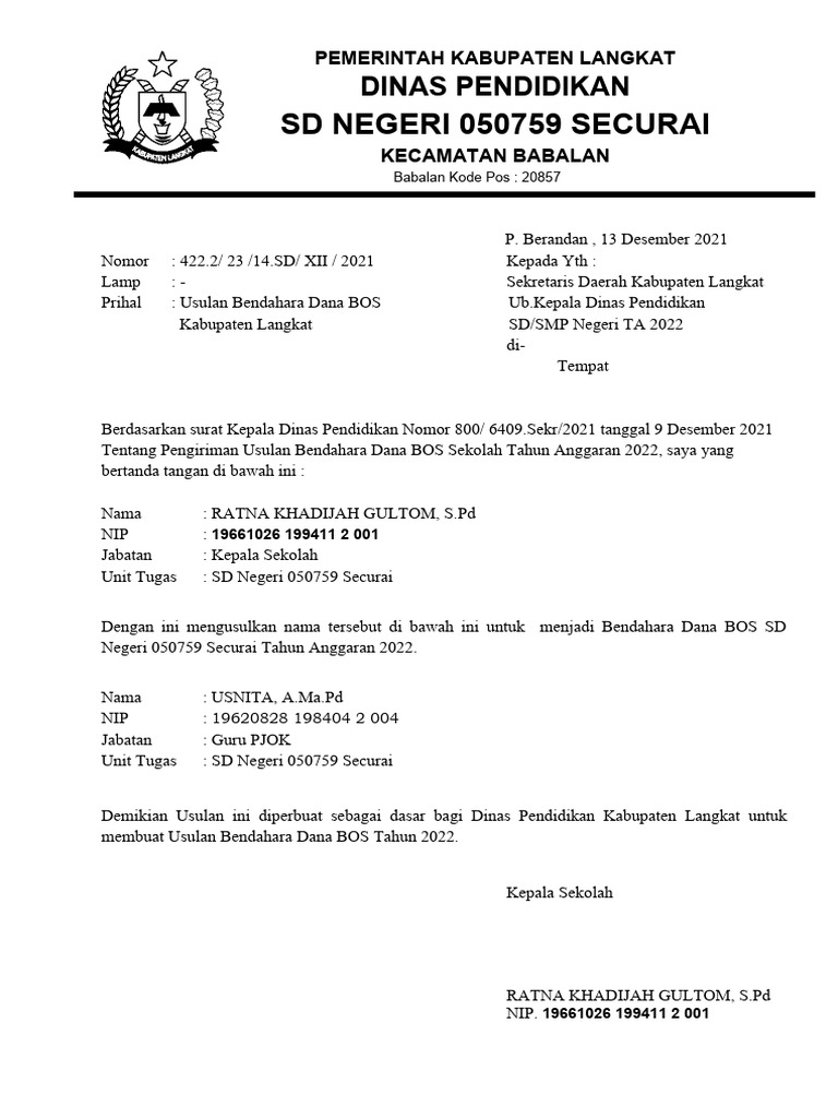 Surat Usulan Bendahara Dari SDN 050759 Securai | PDF