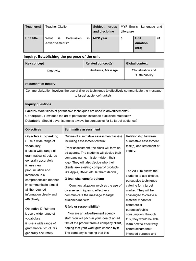 Myp Unit Plan g8 (Creativity) | PDF | Human Communication | Cognition