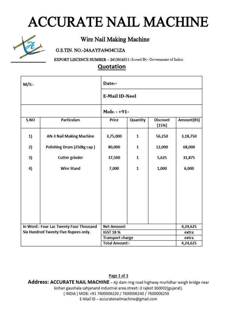 An3 Machine Quotation | PDF | Payments | Economies