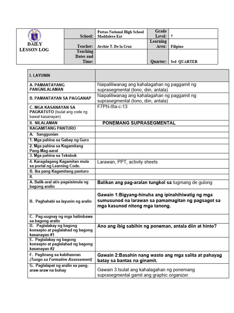 DAILY Lesson Log Filipino 7 | PDF