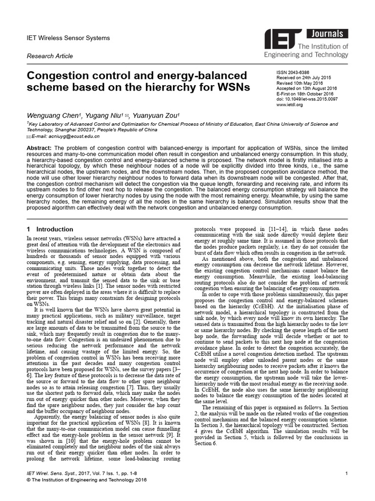 Congestion Control And Energy Balanced Scheme Based On The Hierarchy For Wsns Pdf Network