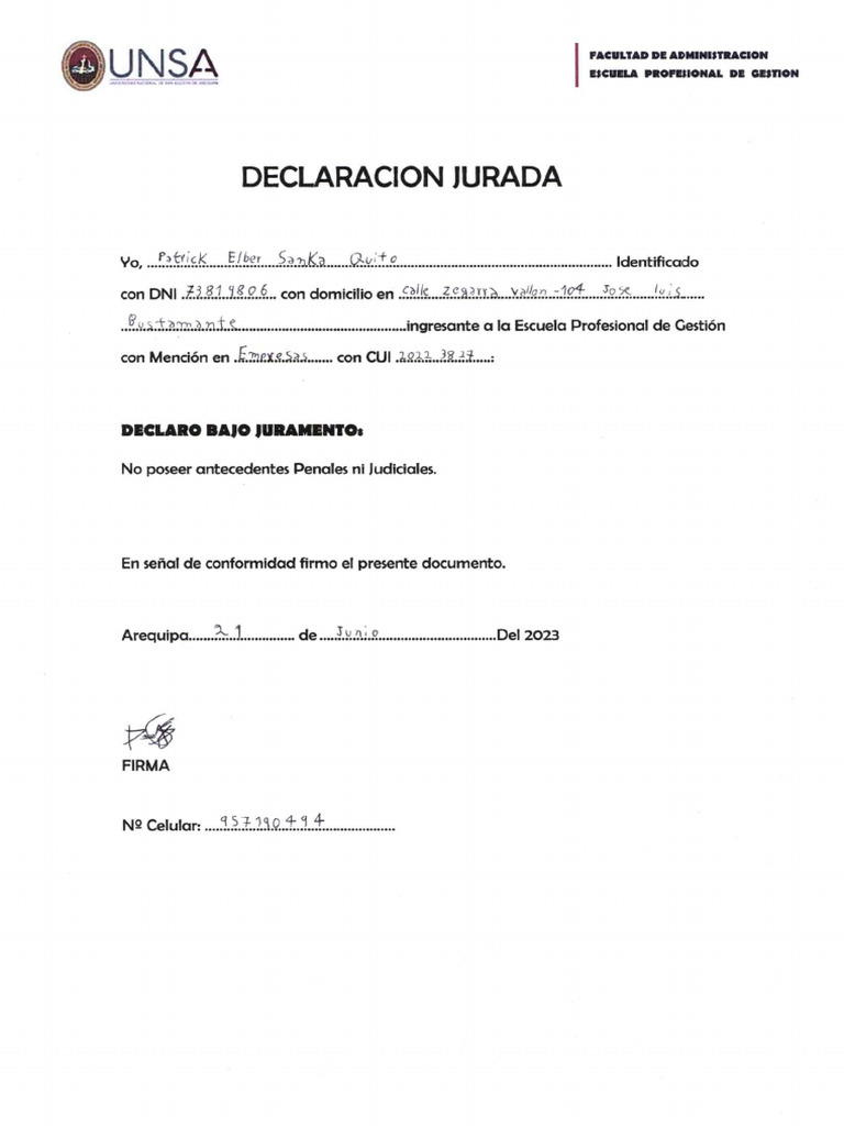 Declaración Jurada | PDF