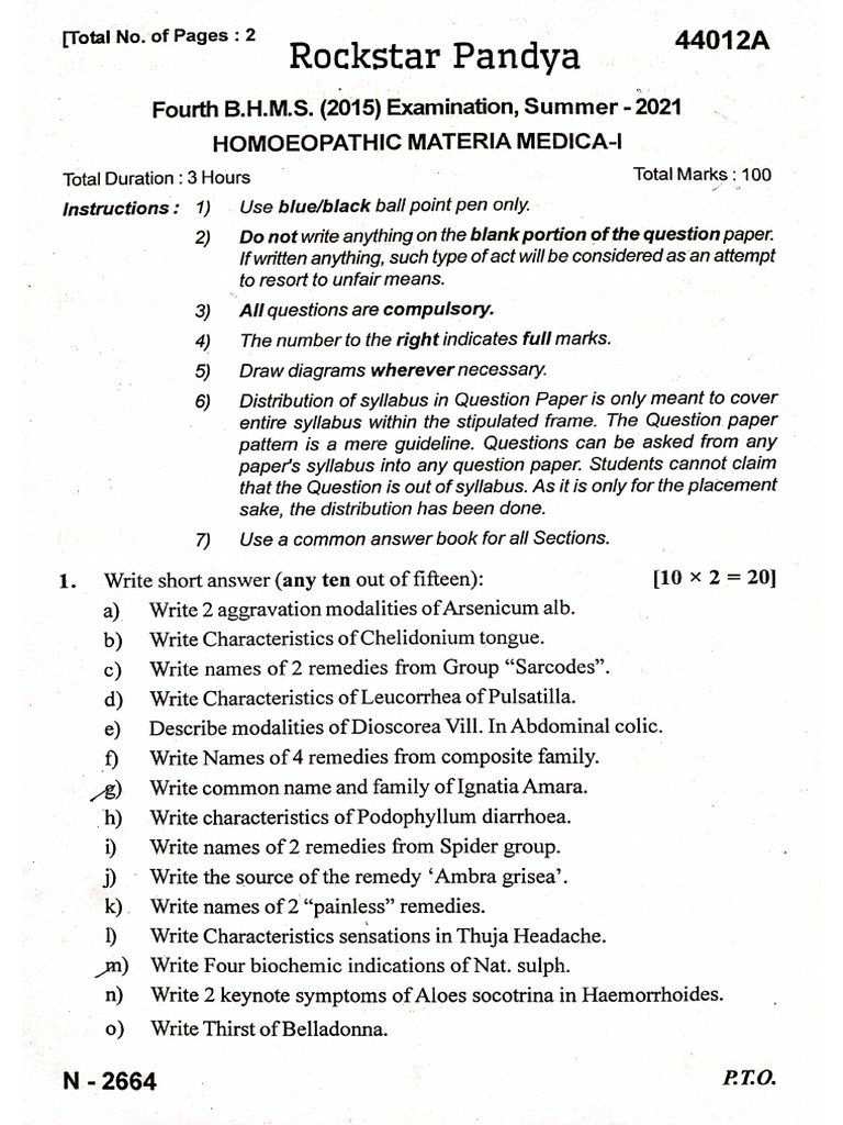 4th BHMS (2015) - 2021 - Summer - Question Paper | PDF