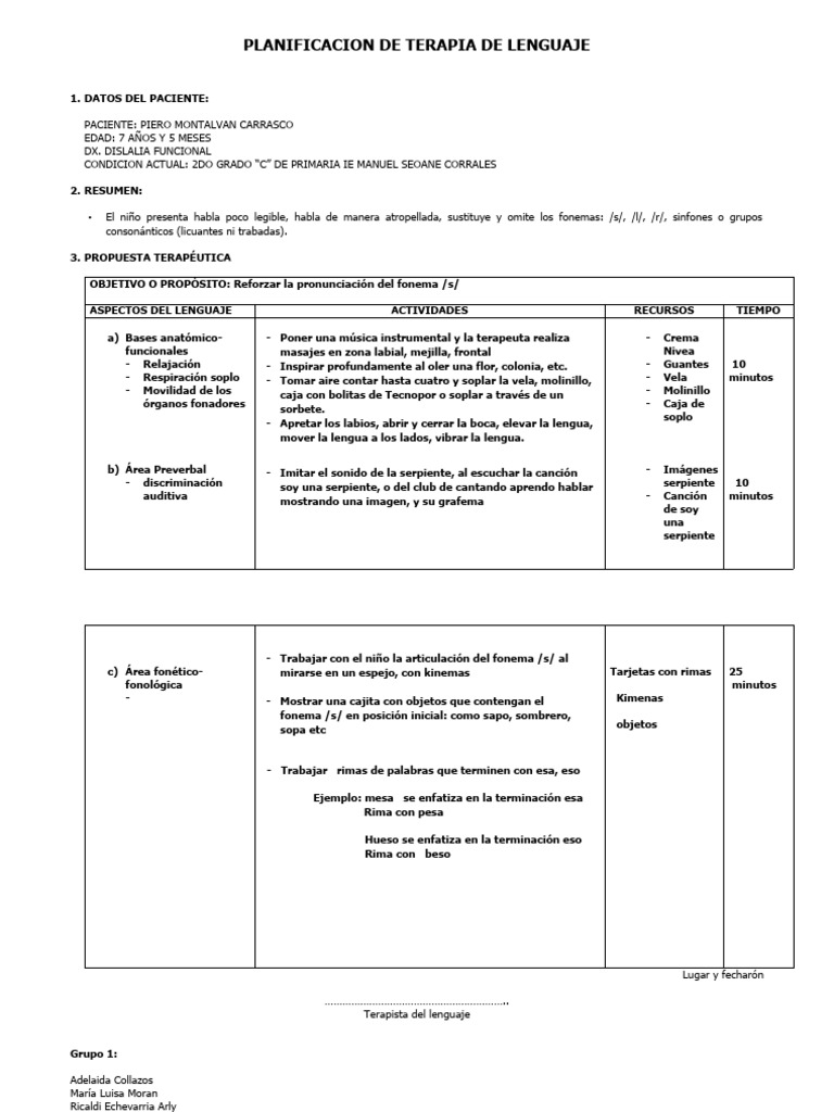 Plan de Terapia de Lenguaje para Dislalia | PDF | Fonema | Habla