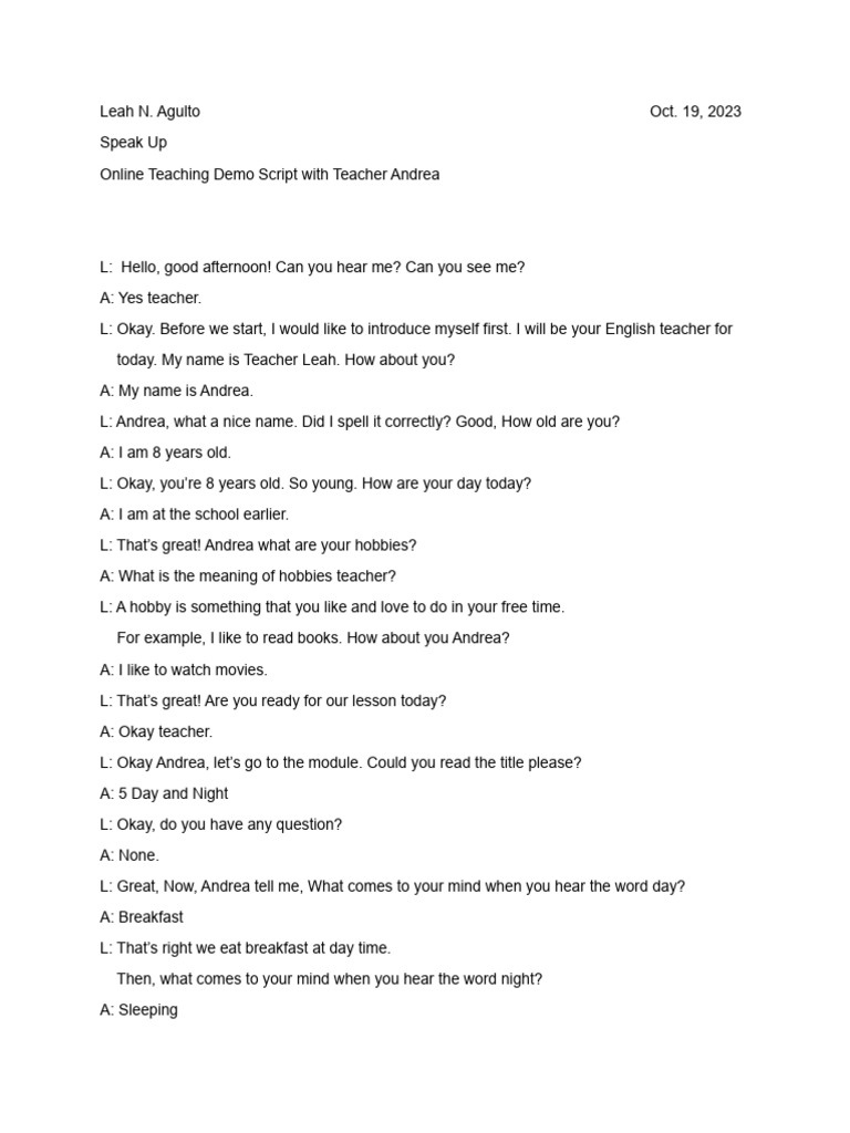 Teaching Mock Demo Script - Leah N. Agulto | PDF | Shadow