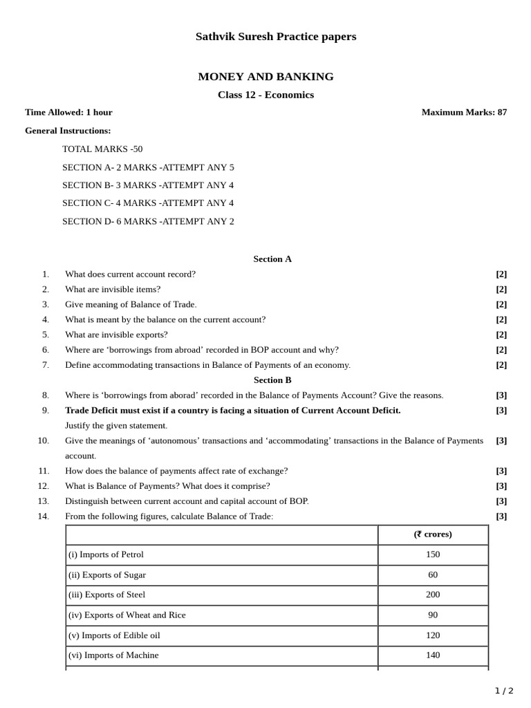Balance of Payments QP - 50 Marks | PDF | Balance Of Payments | Balance ...