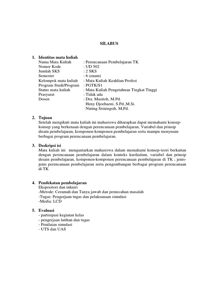 SILABUS Perencanan Pembelajaran TK | PDF | Seni