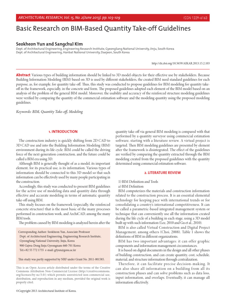 Basic Research On BIM-Based Quantity Take-Off Guidelines: Seokheon Yun and Sangchul Kim | PDF ...