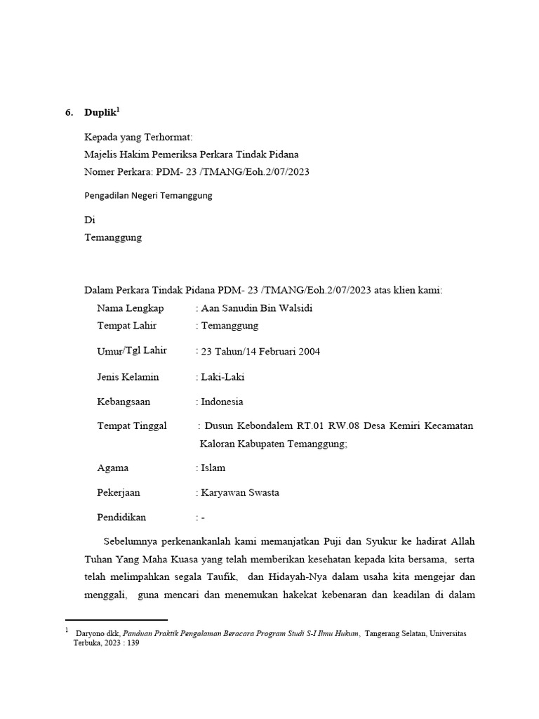 Duplik Pembelaan Terdakwa | PDF