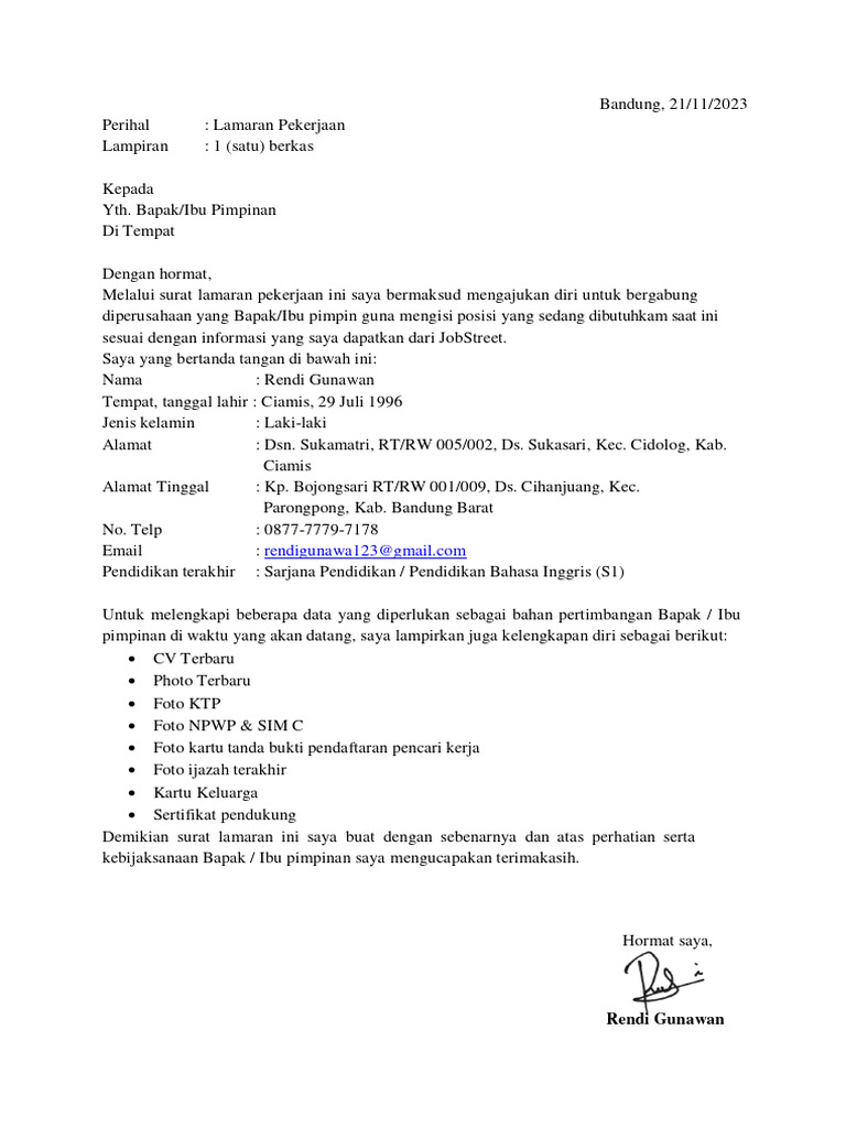 CV Rendi Gunawan Jobstreet | PDF