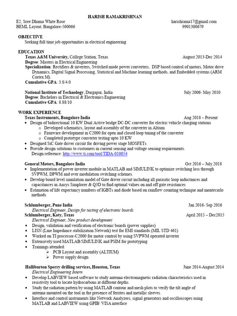 Harish Resume | PDF | Power Inverter | Electric Motor