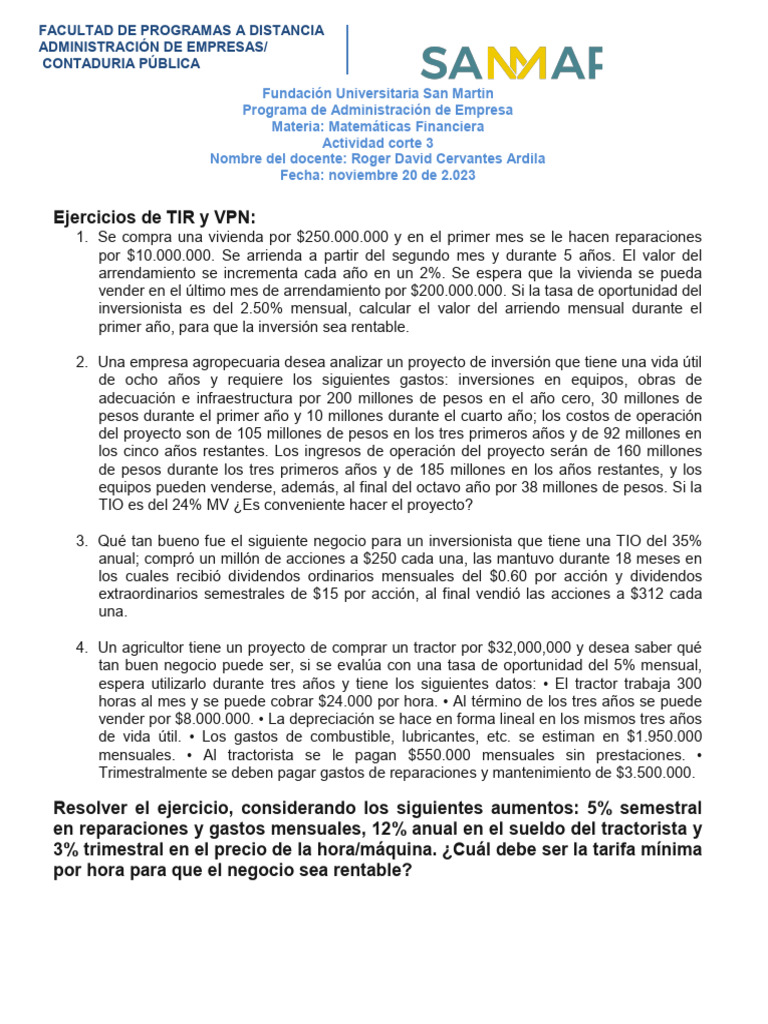 Taller TIR y VPN | PDF | Compartir (Finanzas) | Business