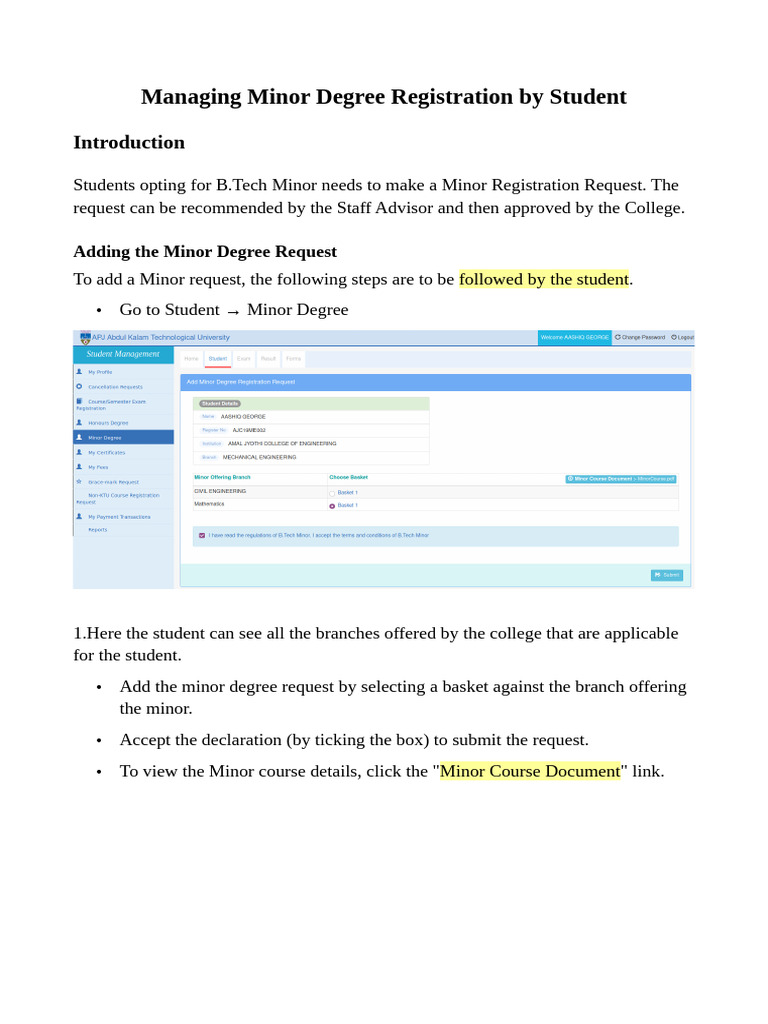 Minor Degree Registration Process at KTU | PDF