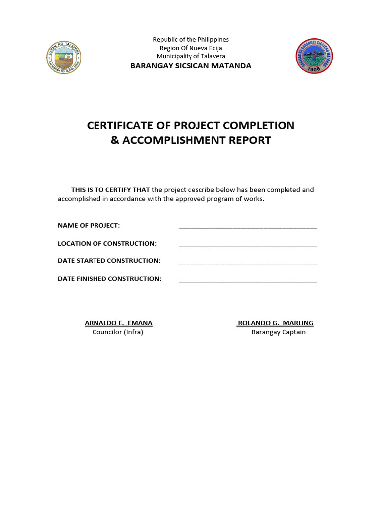 Certificate Of Project Completion Pdf Philippines