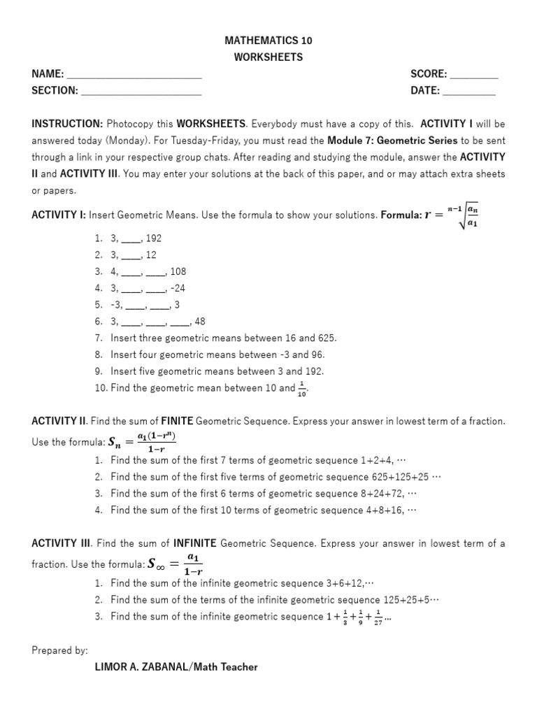 Geometric Series Worksheets for Grade 10 | PDF | Sequence | Algebra