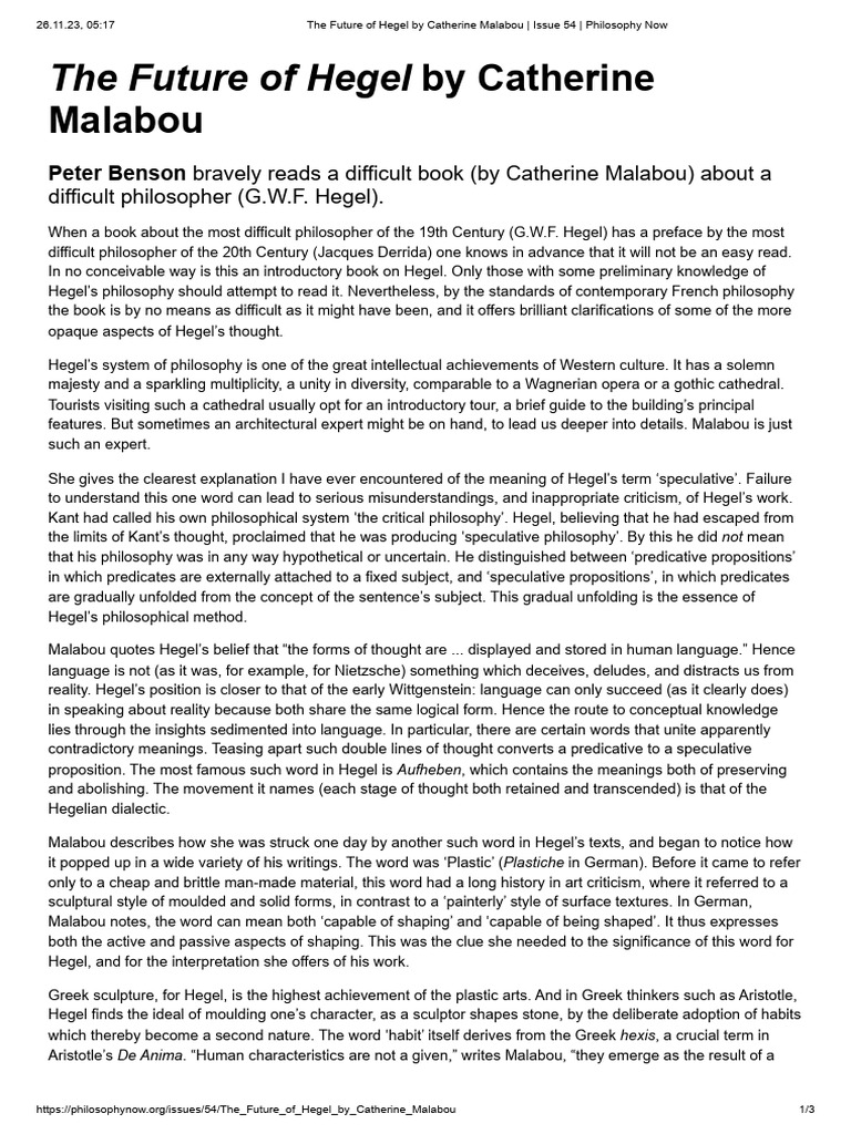 The Future of Hegel by Catherine Malabou - Issue 54 - Philosophy Now ... The Future of Hegel by Catherine Malabou - Issue 54 - Philosophy Now ...