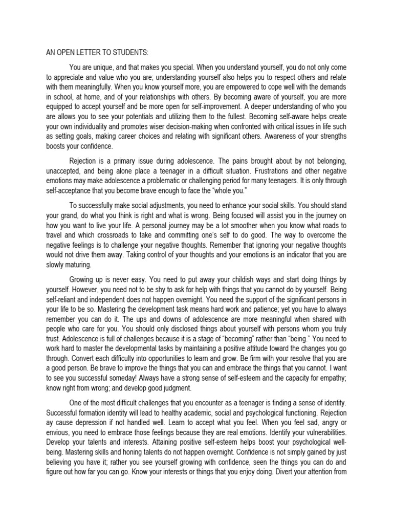 An Open Letter To Students | PDF | Adolescence | Thought