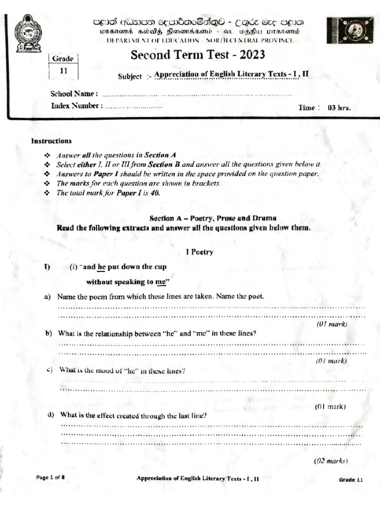 English Literature - Grade 11 - Second Term Test 2023 NCP | PDF