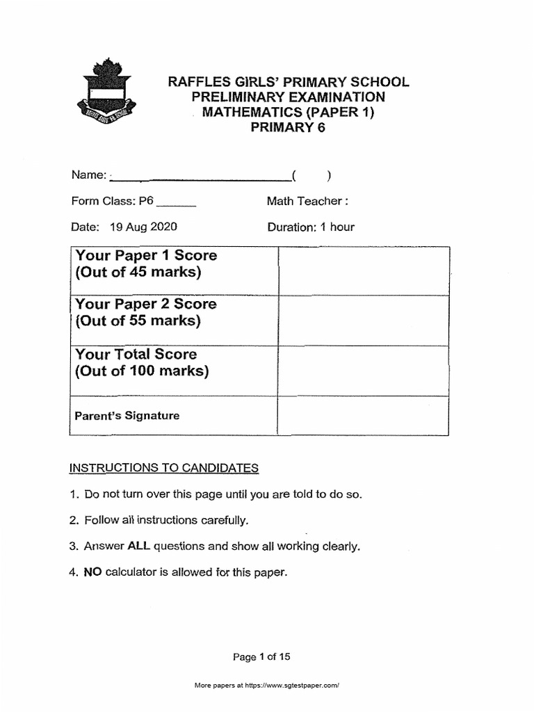 P6 Maths 2020 SA2 Raffles Girls' Exam Paper | PDF