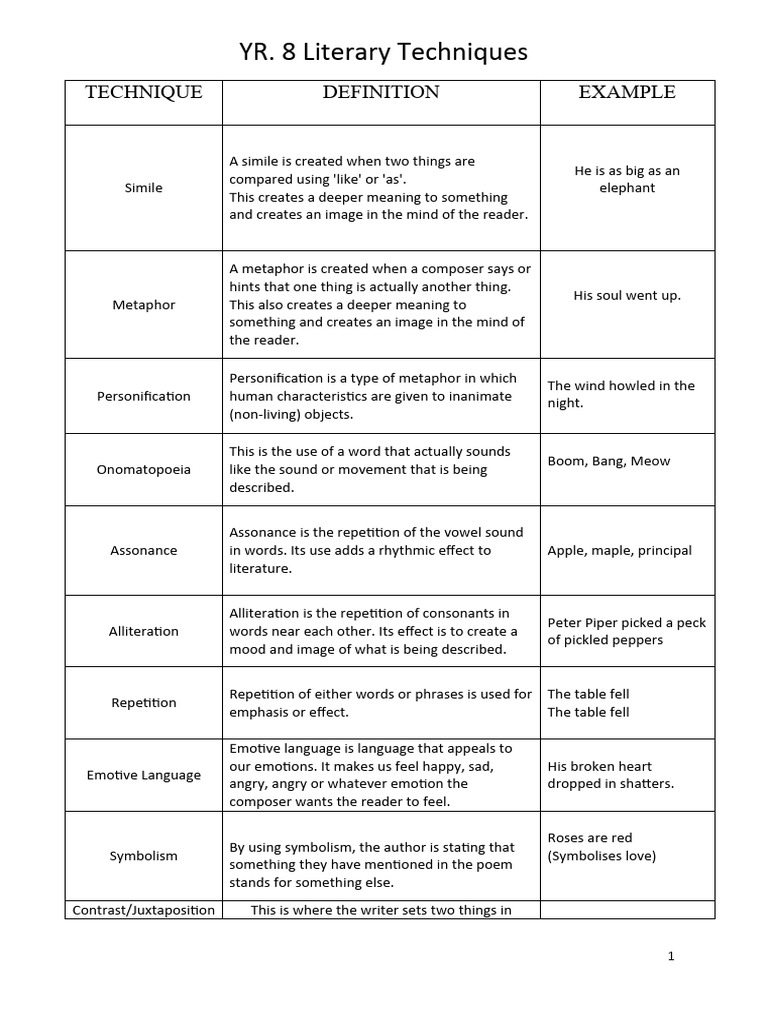 Year 8 Literary Techniques Glossary | PDF | Irony | Somatosensory System