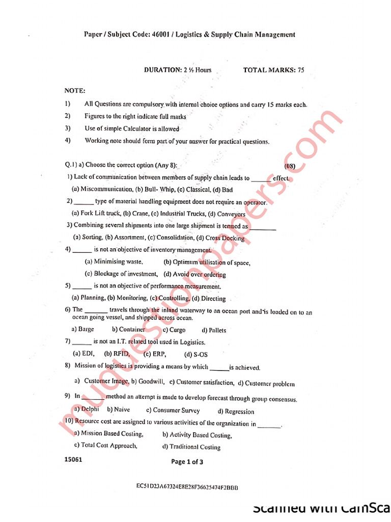 Commerce Bms Bachelor of Management Studies Semester 5 2023 April Logistics Supply Chain ...