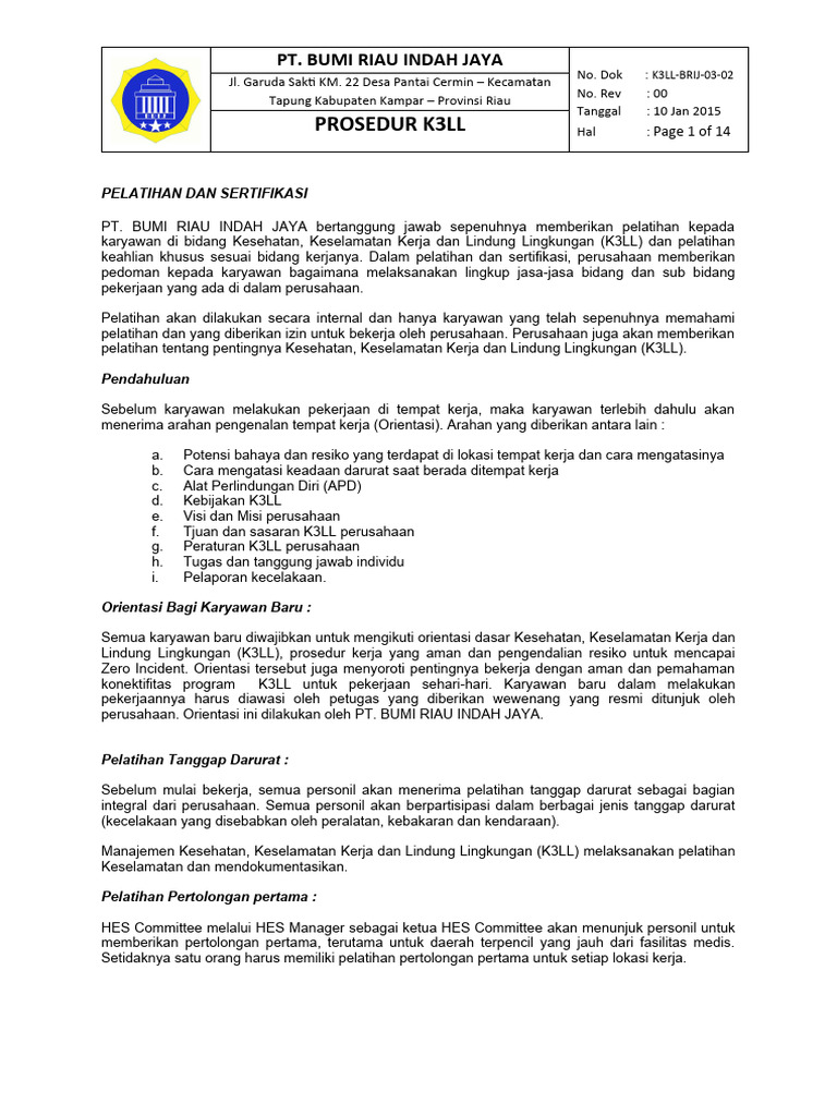 Prosedur Kerja K3LL-BIRJ-03-01 | PDF