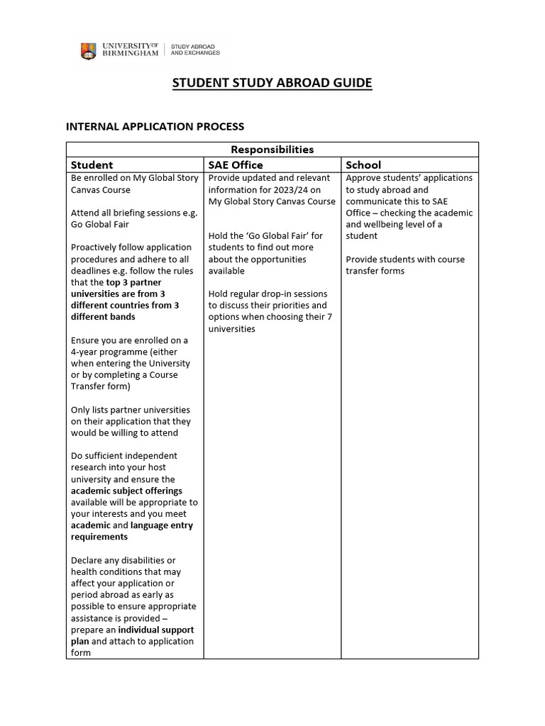 UoB Outgoing Study Abroad Guide For Students | PDF | International Student | Travel Visa