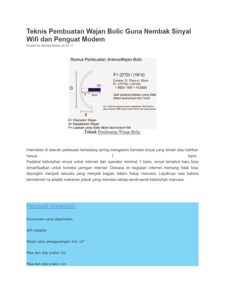 Cara Membuat Wajan Bolic Guna Nembak Sinyal Wifi Dan Penguat Modem | PDF