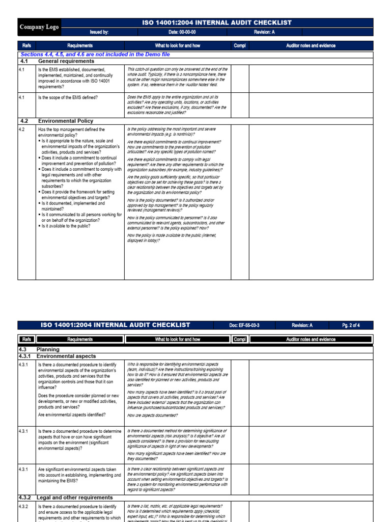 ISO 14001 Audit Checklist | PDF | Policy | Internal Audit