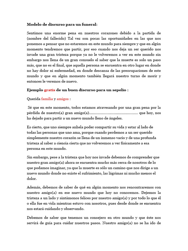 Modelo de Discurso para Un Funeral | PDF | Muerte | Sufrimiento