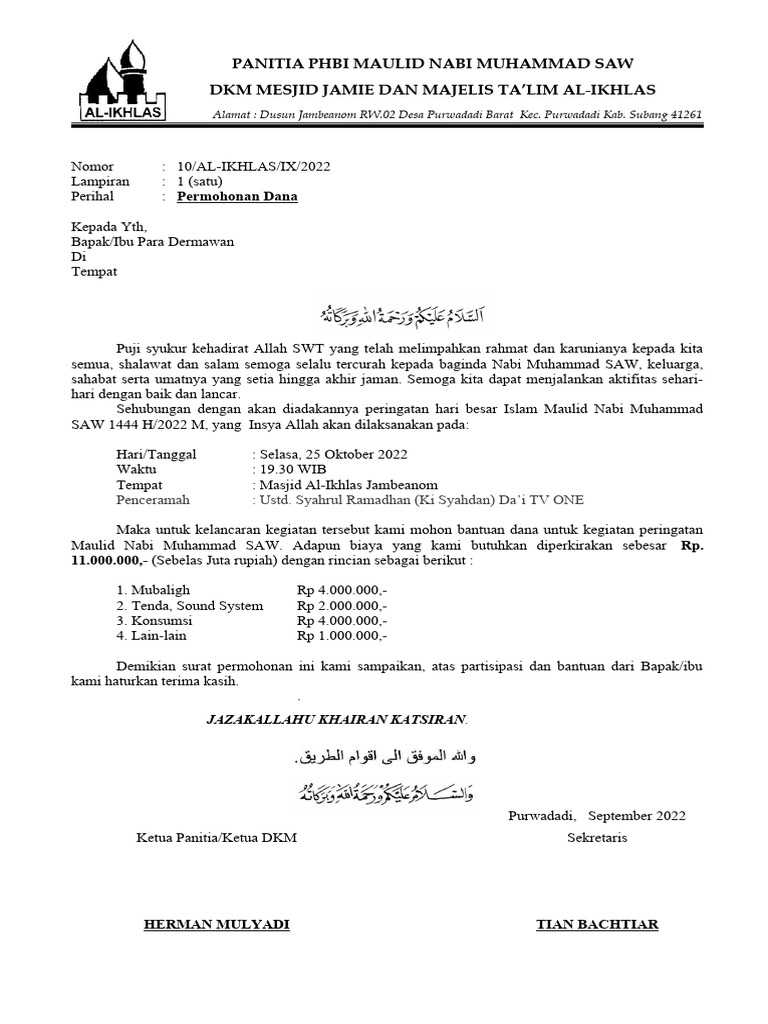 Permohonan Dana Peringatan Maulid Nabi | PDF