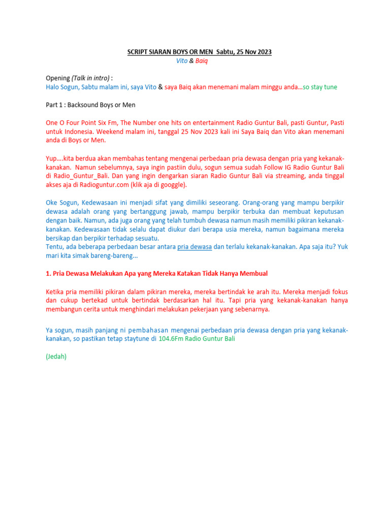 Script Siaran Boys or Men | PDF