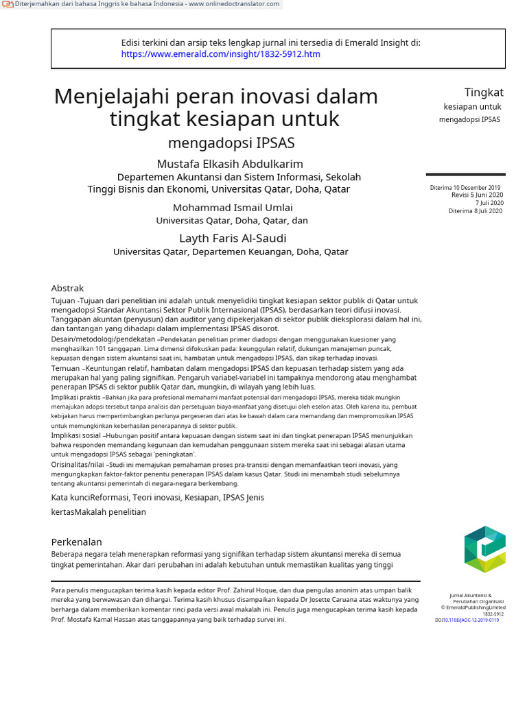 Exploring The Role of Innovation in The Level of Readiness To Adpot IPSAS - En.id | PDF