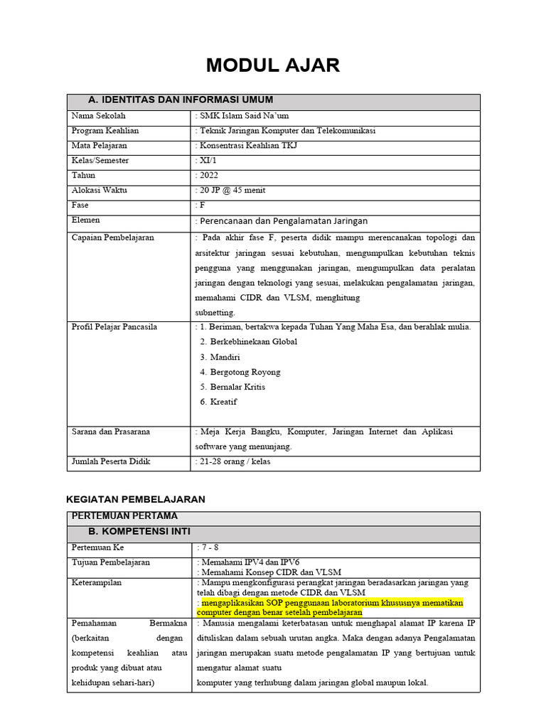 Modul Ajar Pengalamatan Jaringan (VLSM Dan CIDR) | PDF