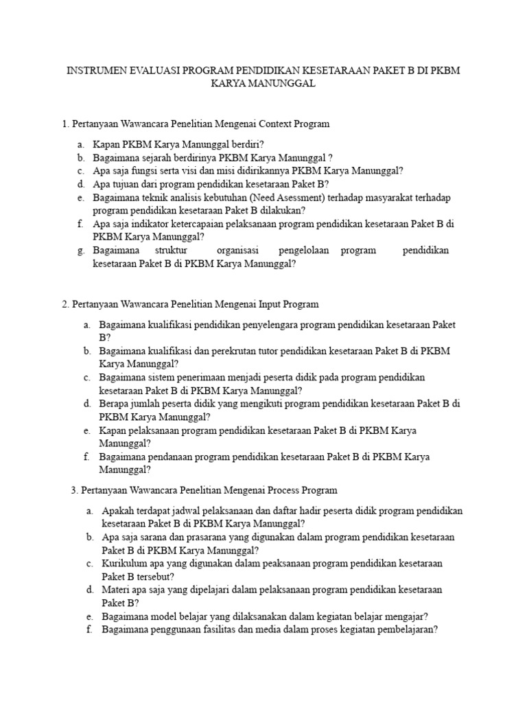 Instrumen Evaluasi Program Pendidikan Kesetaraan Paket B Di PKBM Karya ...
