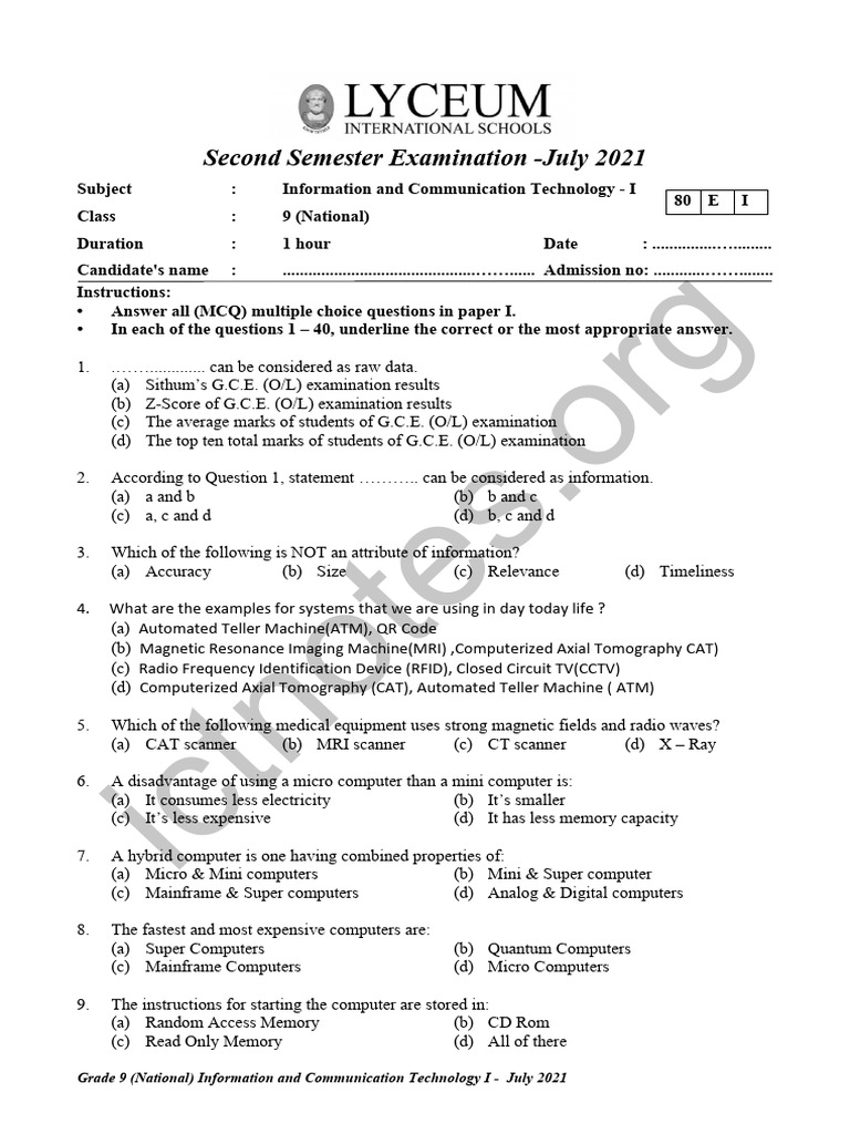 Grade 10 ICT English Medium Second Term Test Lyceum Internation School ...
