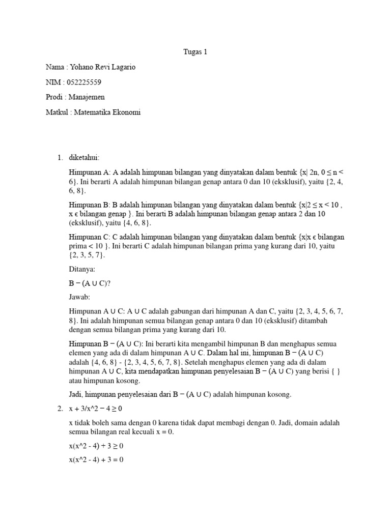 Tugas 1 Matematika Ekonomi | PDF