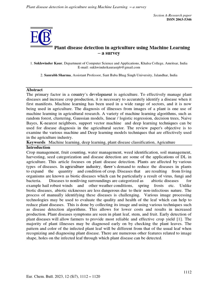 Plant Disease Detection in Agriculture Using Machine Learning - A Survey | PDF | Learning ...