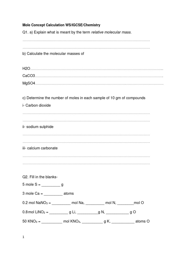 IGCSE Mole Calculations Worksheet | PDF | Mole (Unit) | Chlorine