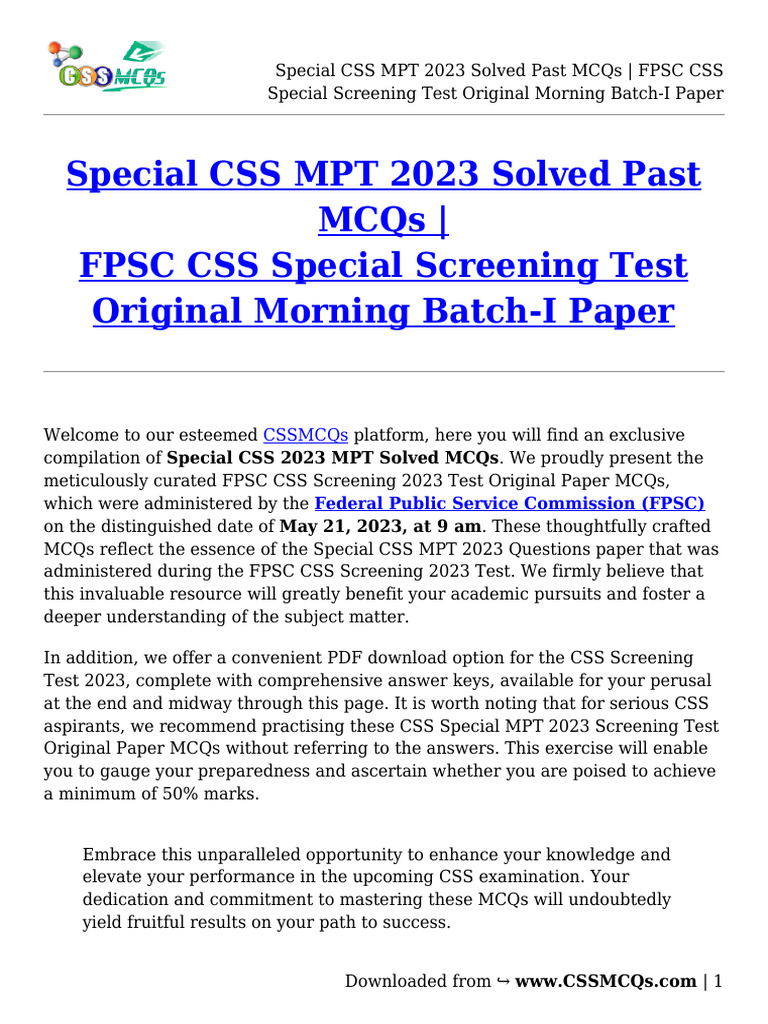 Special CSS MPT 2023 Solved Past MCQs - FPSC CSS Special Screening Test ...