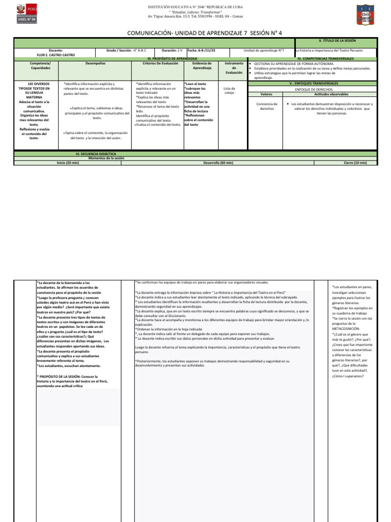 Sesión de Aprendizaje Sobre El Teatro Peruano. | PDF | Aprendizaje | Maestros