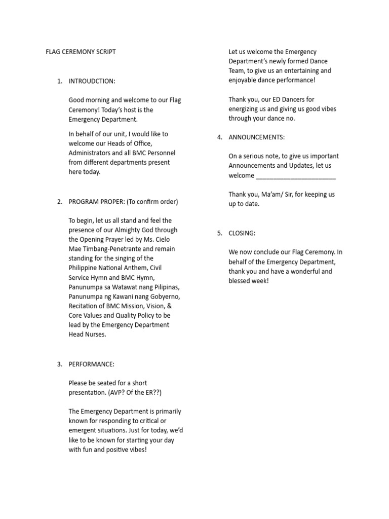 Flag Ceremony Script for BMC Event | PDF | Cooking, Food & Wine