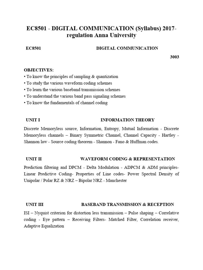 EC8501 - DIGITAL COMMUNICATION (Syllabus) 2017-Regulation Anna ...
