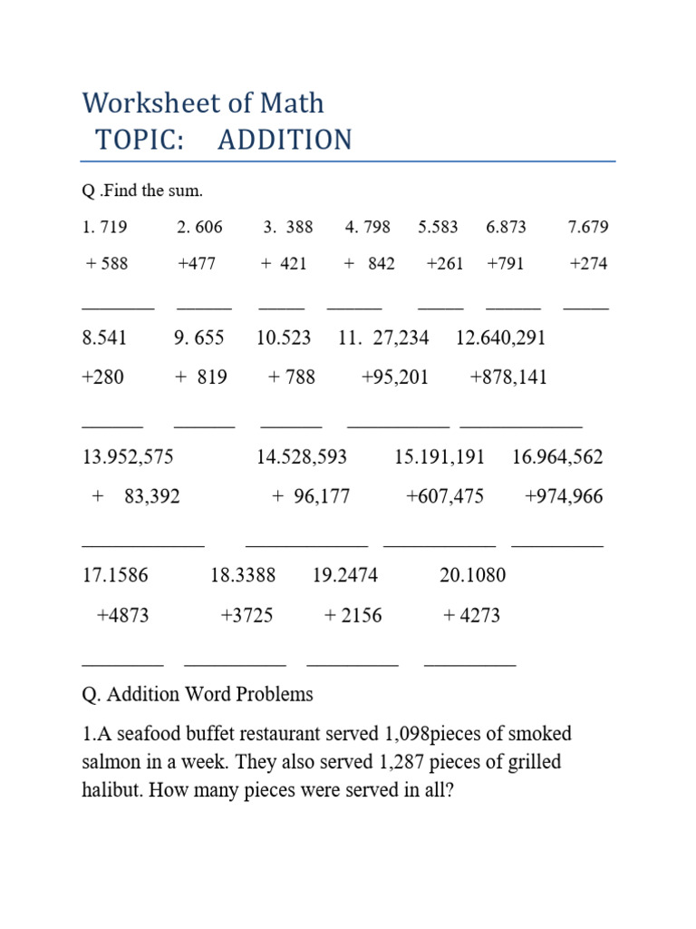 Worksheet of Math Topic: Addition | PDF