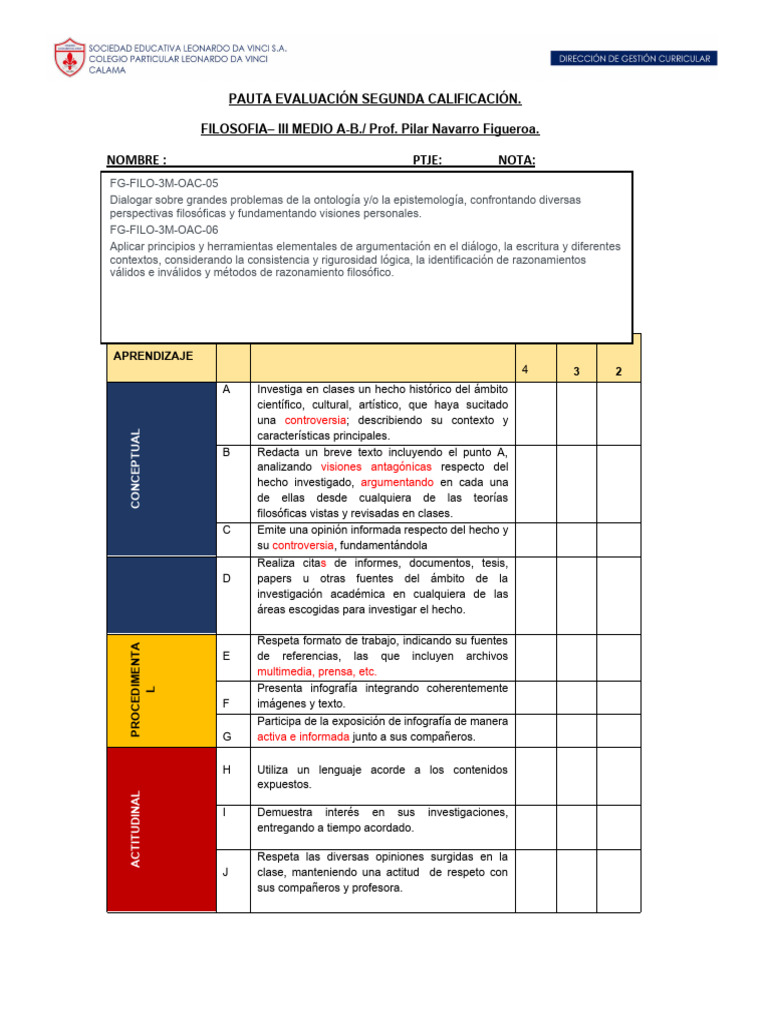 Semestre II Pauta Evaluacion Segunda Calificacion Terceros. | PDF | Evaluación | Cognición