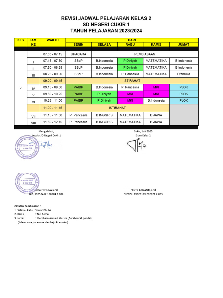 Jadwal Pelajaran Kumer - Kelas 2 - 2023 2024 Ok | PDF