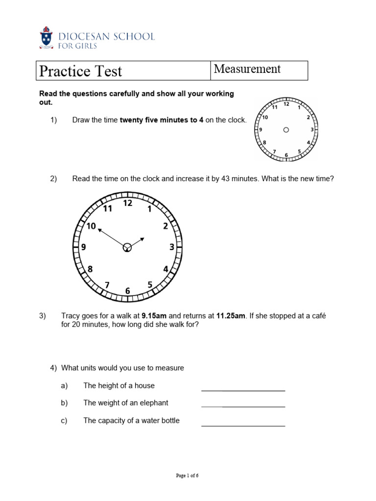 Practice Measurement Test Y7 | PDF